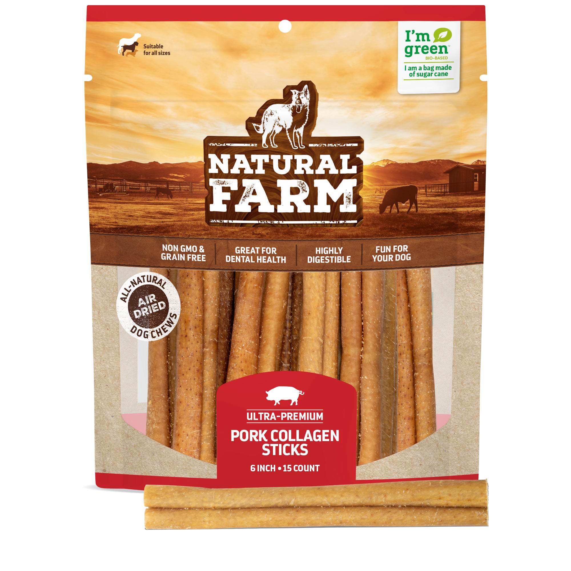 Pork Collagen Sticks - 6 Inch - Natural Farm